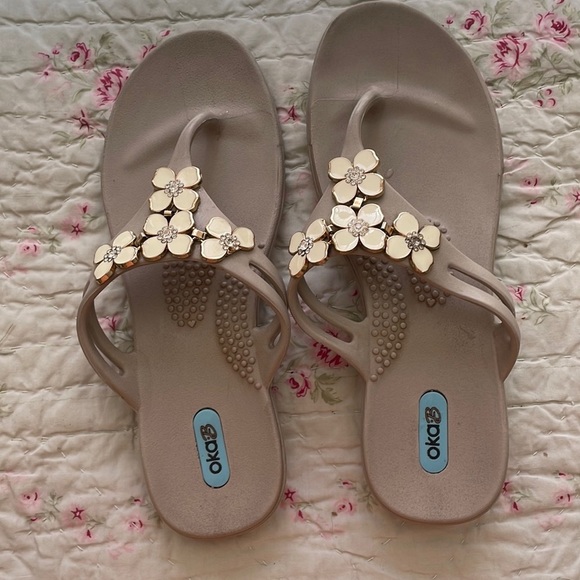 OKA b. | Shoes | Beautiful Okab Sandals With Plumeria Embellishment ...